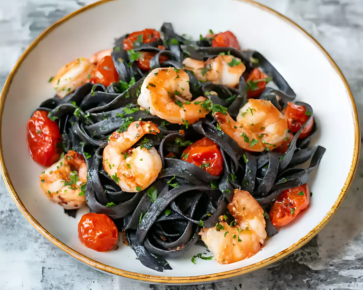 Black Squid Ink Spaghetti With Shrimp And Tomatoes - Easy Recipes