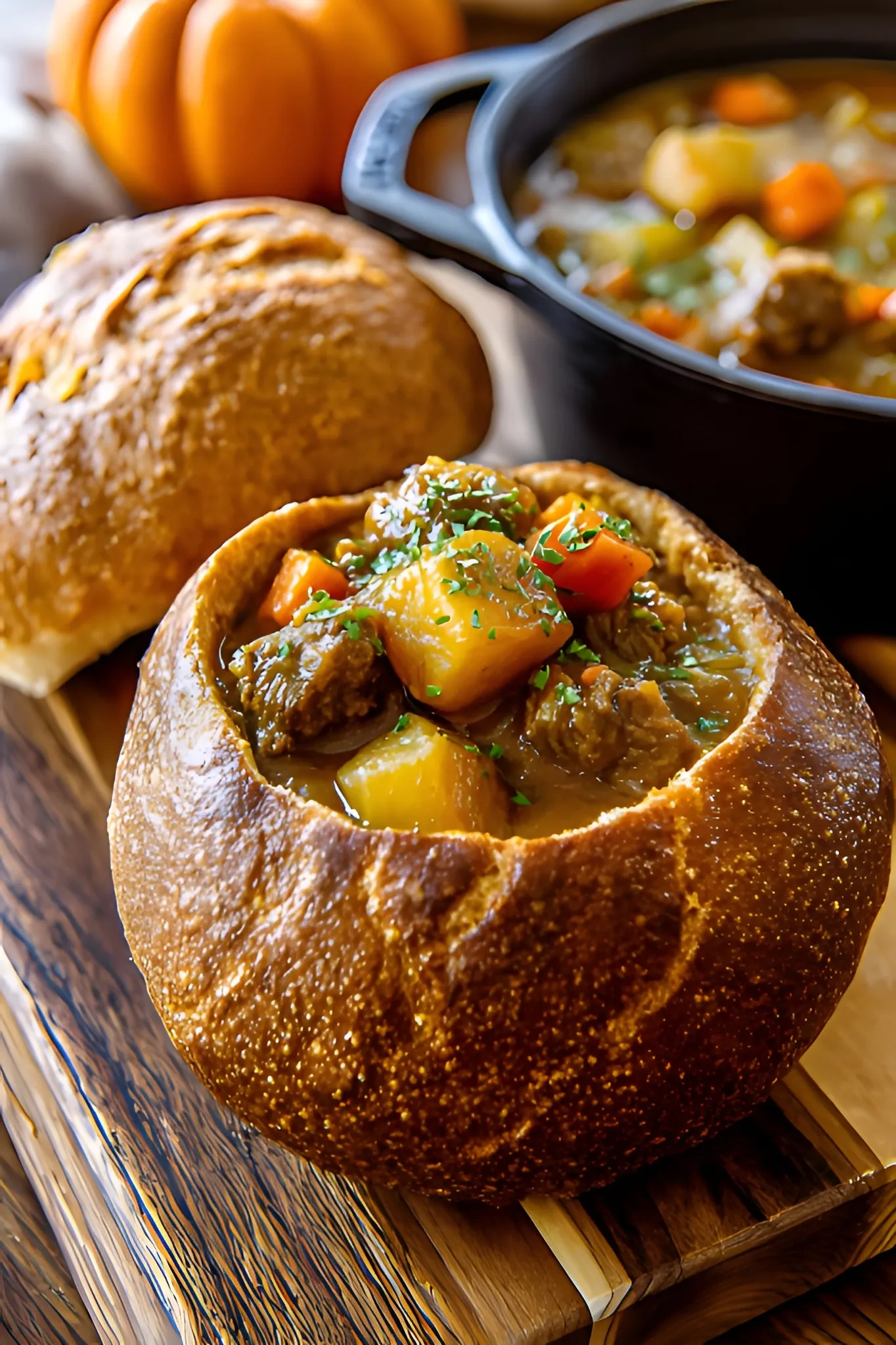 Pumpkin Stew With Beef In Warm Bread Bowls - Easy Recipes
